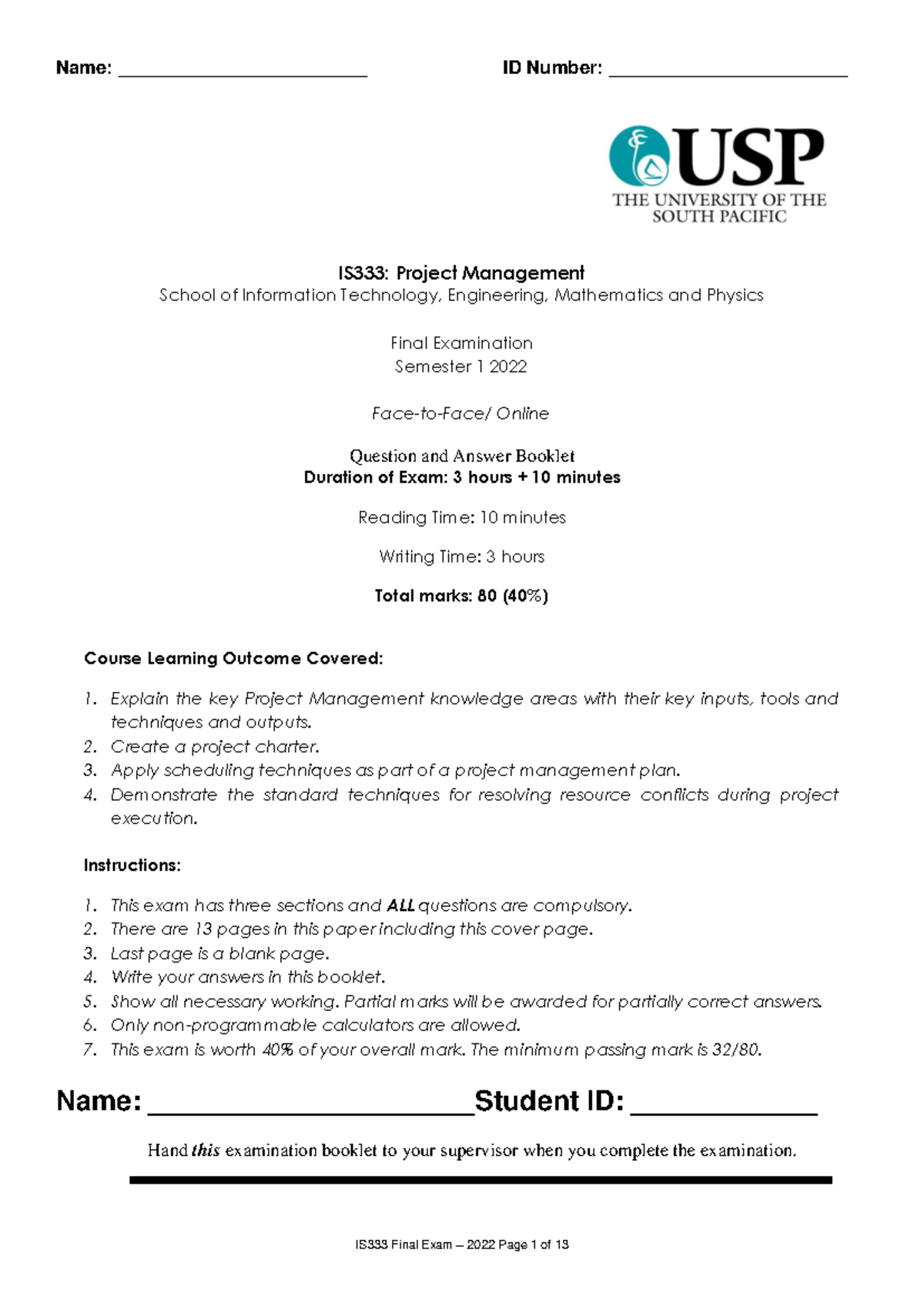 IS333 Exam - final exam - IS333: Project Management School of Information Technology ...