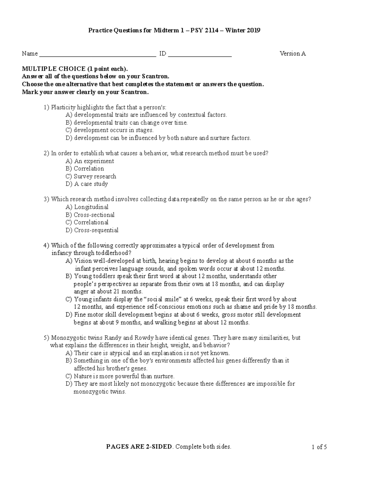 Midterm Winter 2019, questions and answers - Practice Questions for Midterm 1 PSY 2114 Winter ...