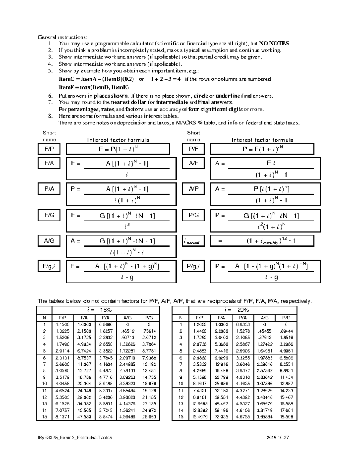 01-ISy E3025 Exam3 Formulas-Tables - ISyE3025_Exam3_Formulas-Tables ...