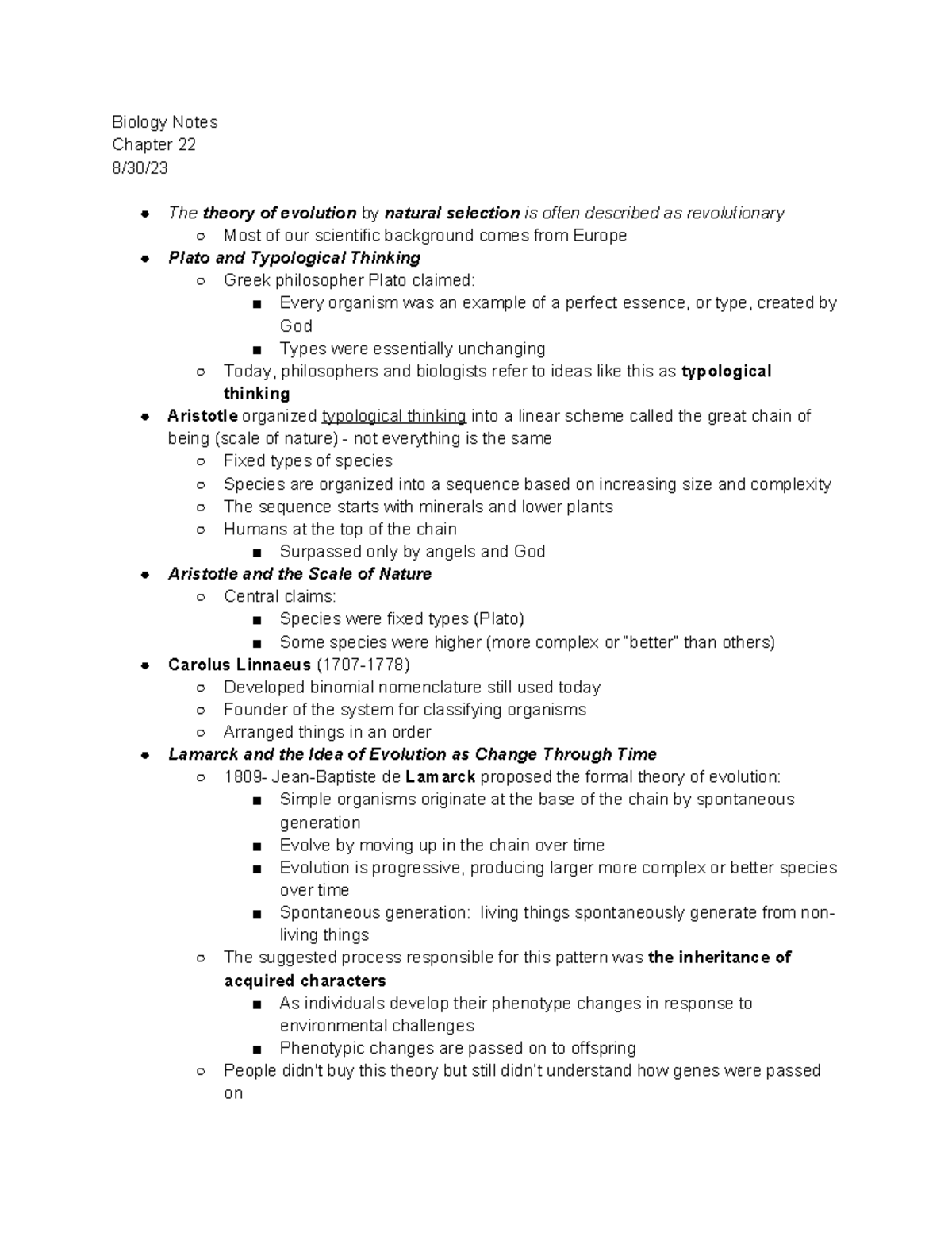 Biology Notes - Biology Notes Chapter 22 8/30/ The theory of evolution ...