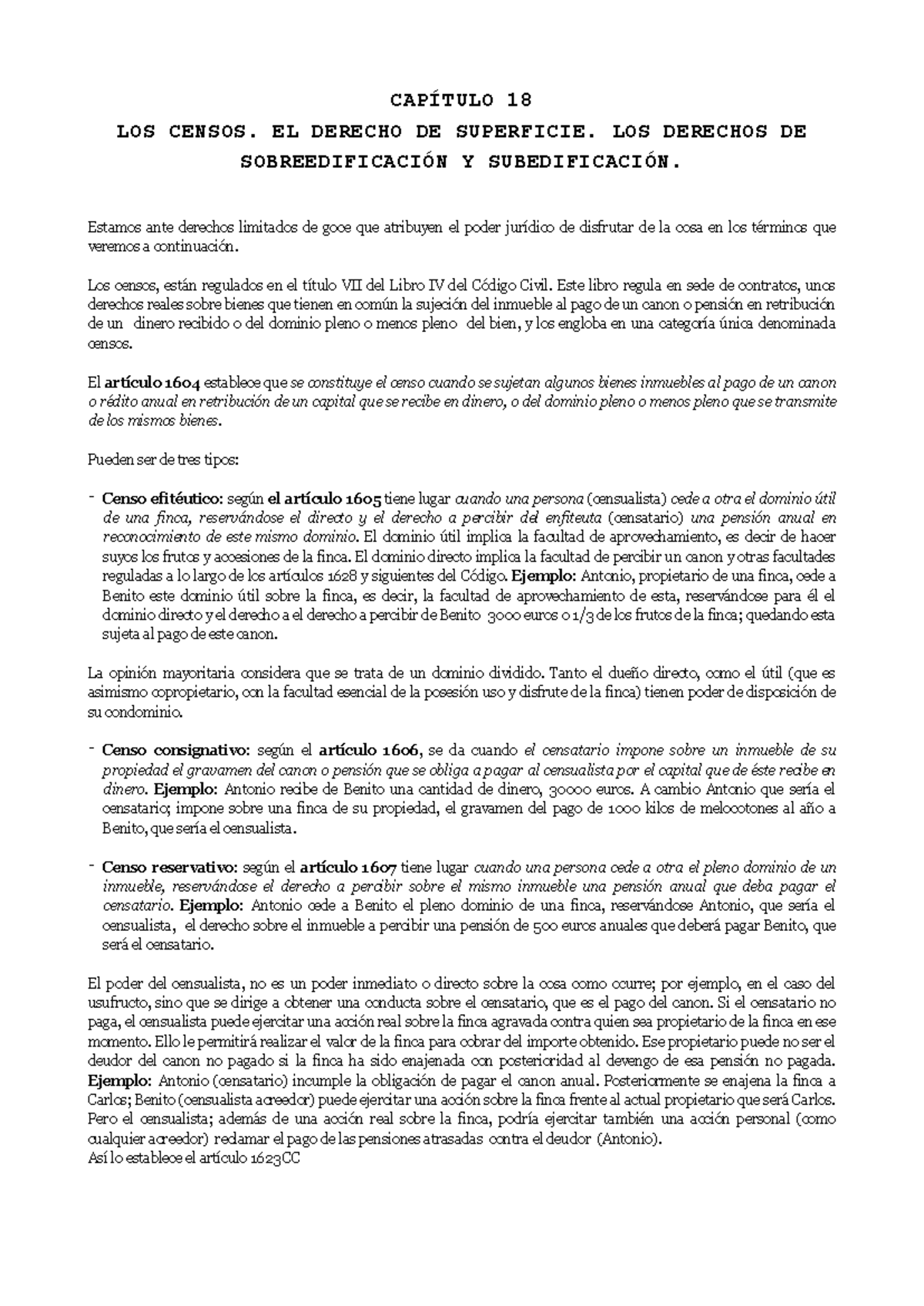 Tema 18 - Apuntes - CAPÍTULO 18 LOS CENSOS. EL DERECHO DE SUPERFICIE ...