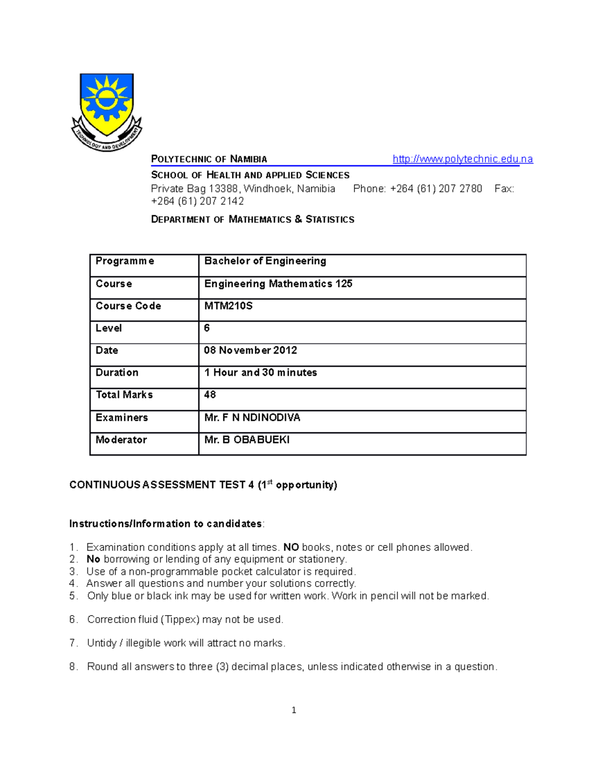 MTM TEST 4 12 - test - POLYTECHNIC OF NAMIBIA SCHOOL OF HEALTH AND ...