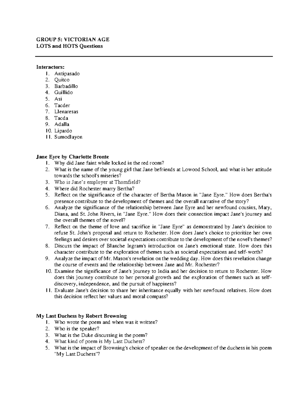 Group 5 HOTS & LOTS Questions - GROUP 5: VICTORIAN AGE LOTS and HOTS ...