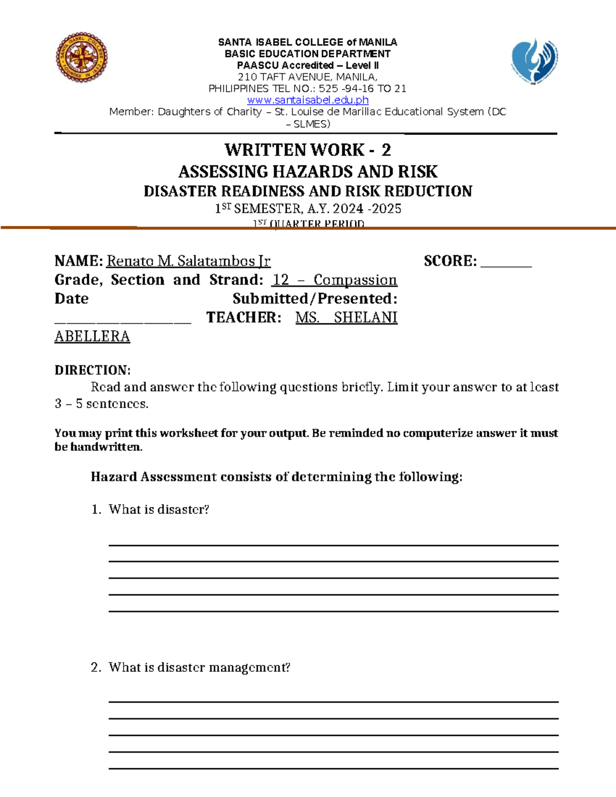 Writtenwork 2 drrr - disaster and risk management notes - SANTA ISABEL ...