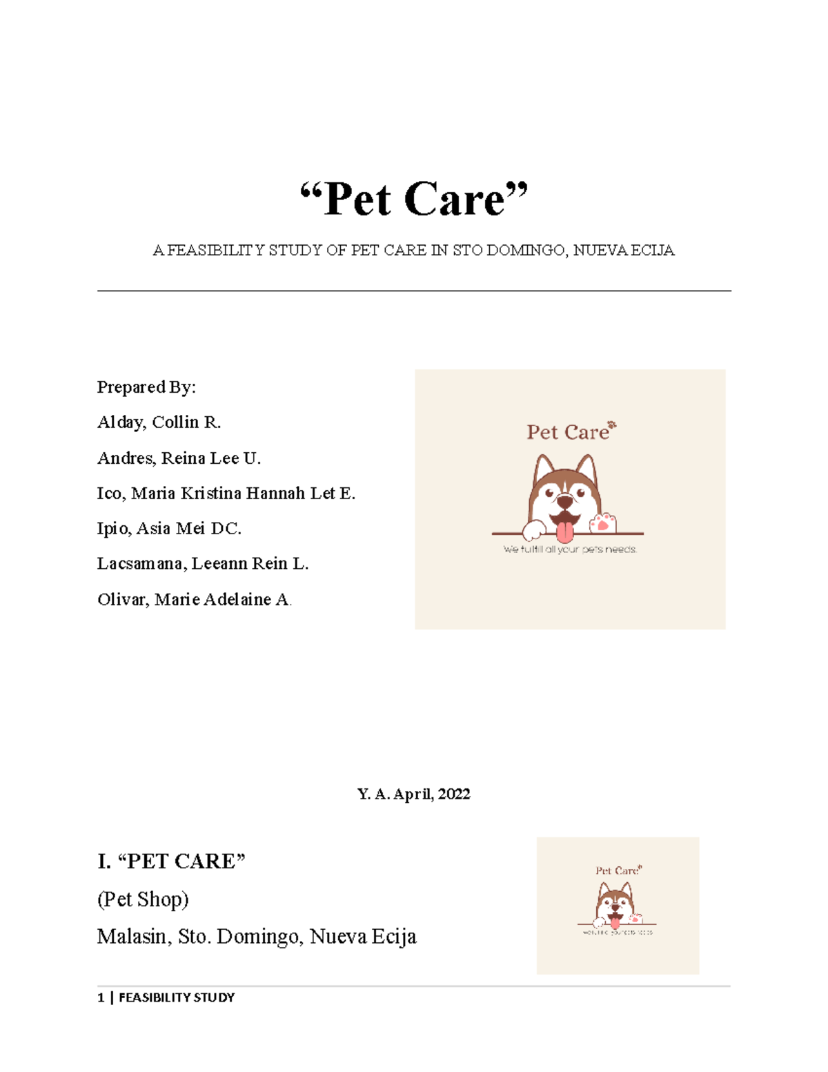 Pet Care Feasibility Study - “Pet Care” A FEASIBILITY STUDY OF PET CARE ...