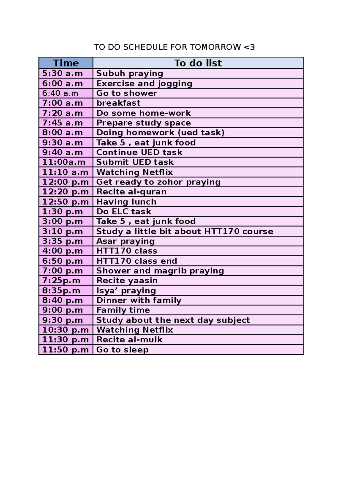 TO DO Schedule FOR Tomorrow - TO DO SCHEDULE FOR TOMORROW