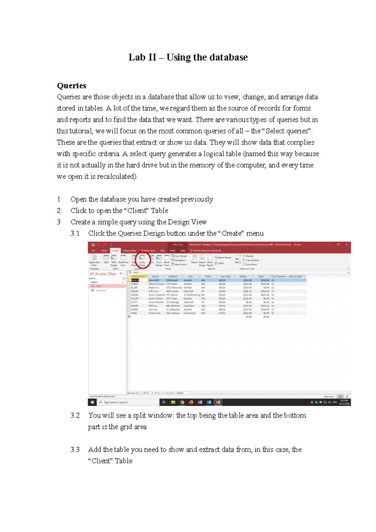Unit6 MS Access 2r - assignment - Lab II – Using the database Queries ...