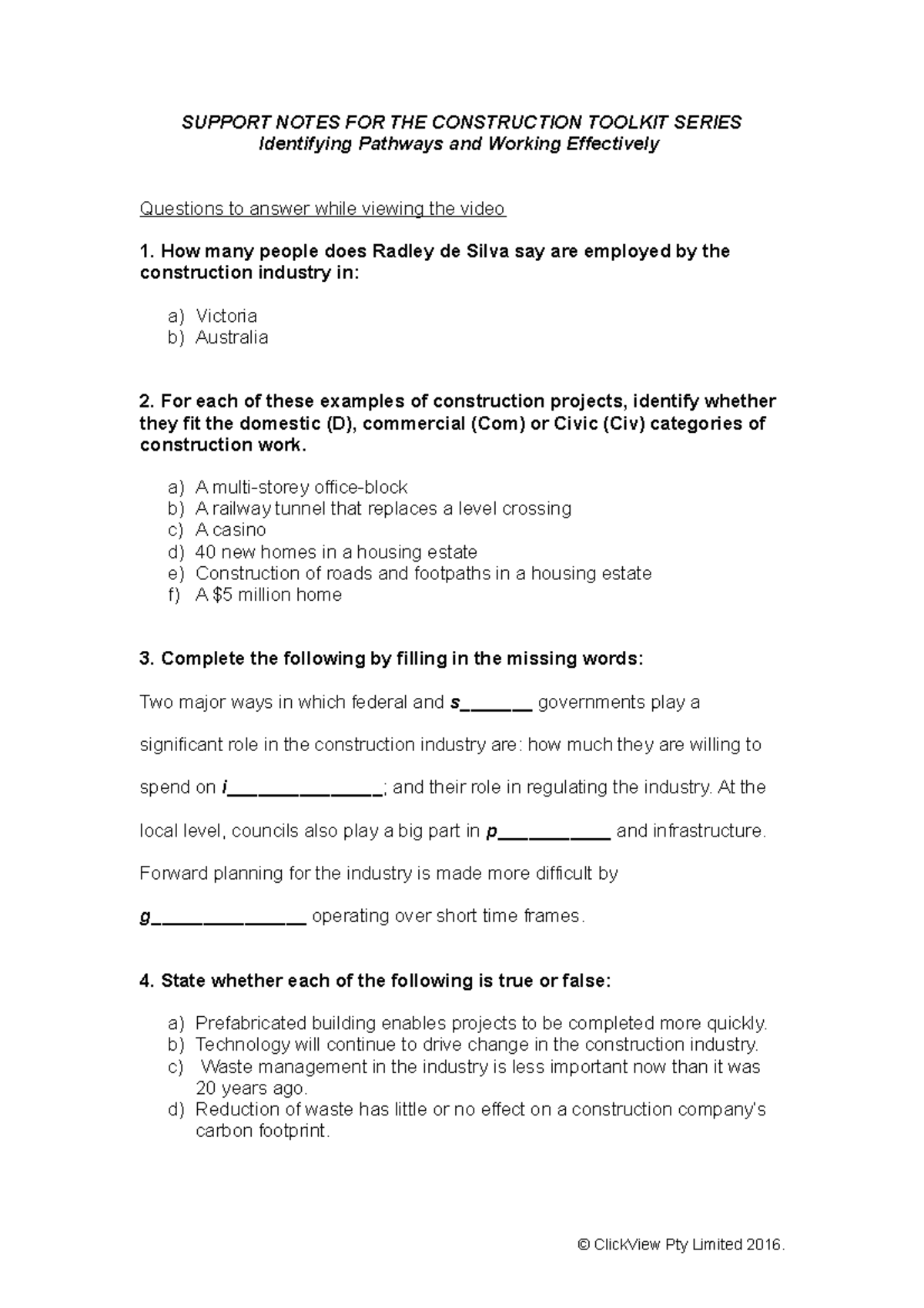 Support Notes - SUPPORT NOTES FOR THE CONSTRUCTION TOOLKIT SERIES ...