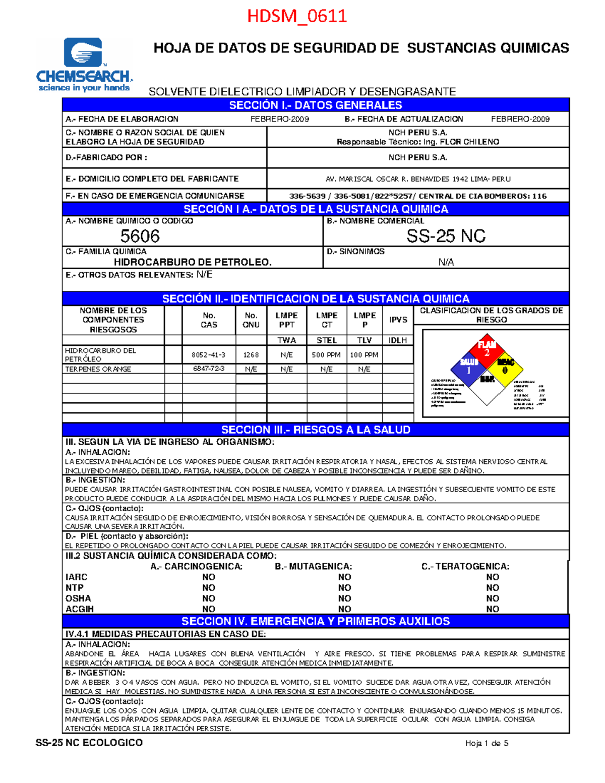 MSDS Desengrasante SS-25 NC - SOLVENTE DIELECTRICO LIMPIADOR Y ...