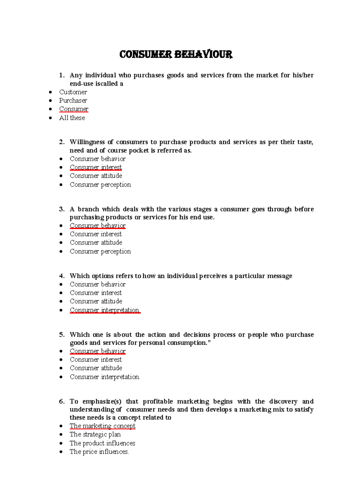 CB pdf - Mcqs - Consumer Behaviour Any individual who purchases goods and services from the ...