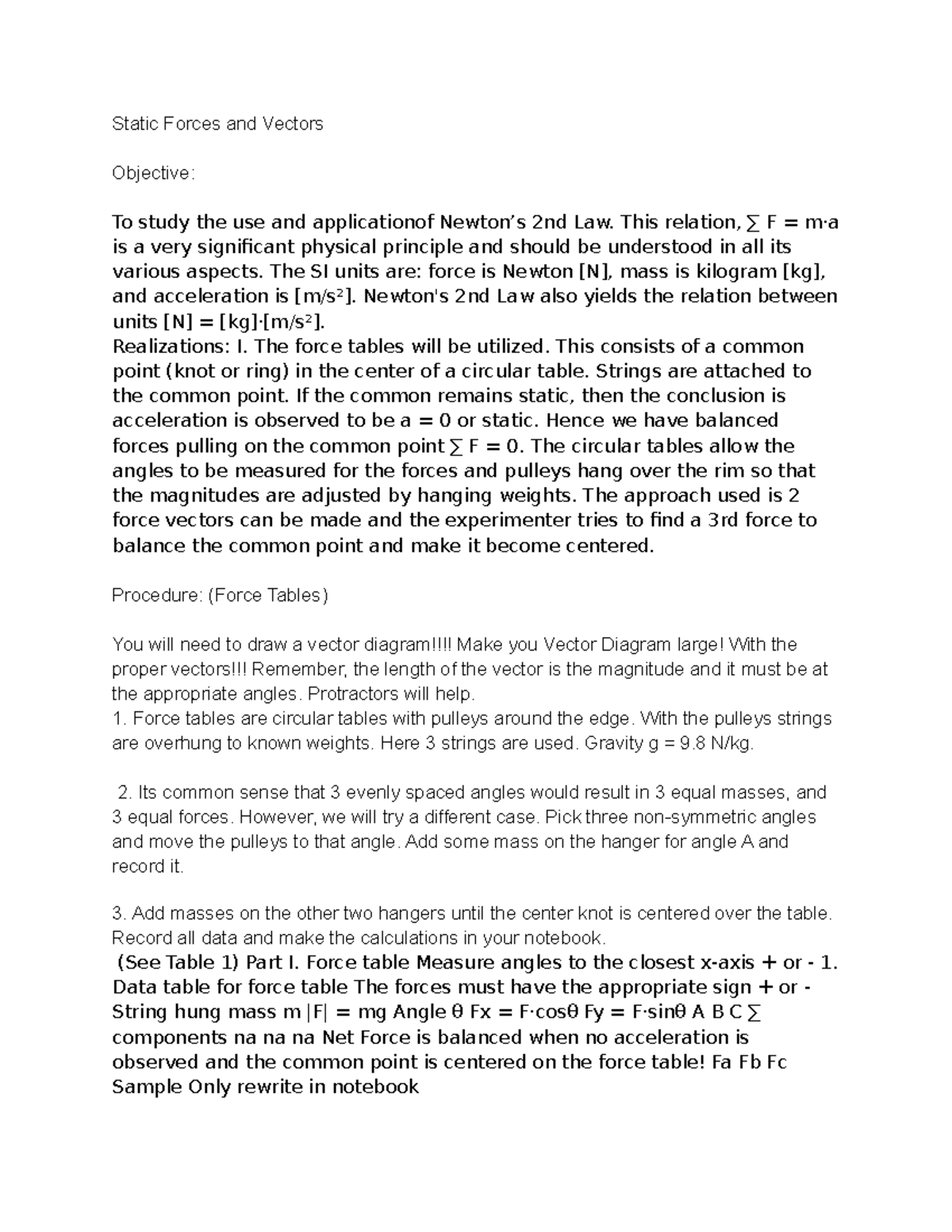 Static Forces and Vectors - Static Forces and Vectors Objective: To ...