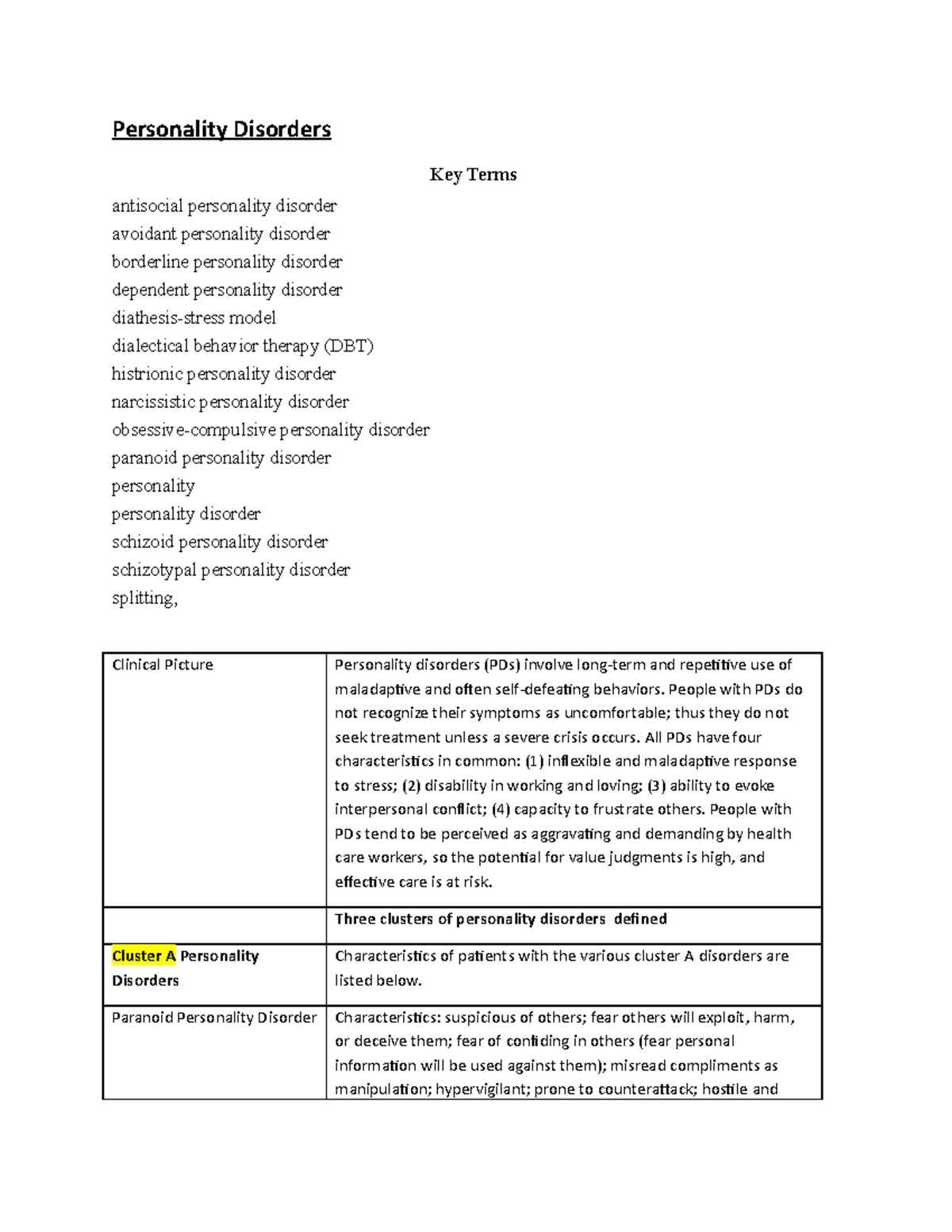 Personality Disorders Lecture Notes - Personality Disorders Key Terms ...