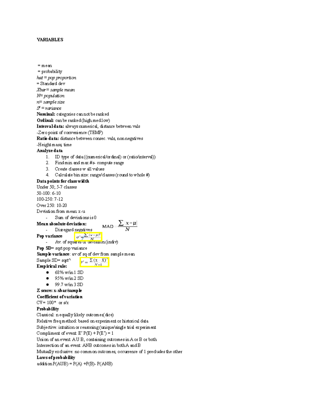 BU255 cheat sheet - VARIABLES = mean = probability hat = pop proportion = Standard dev Xbar ...