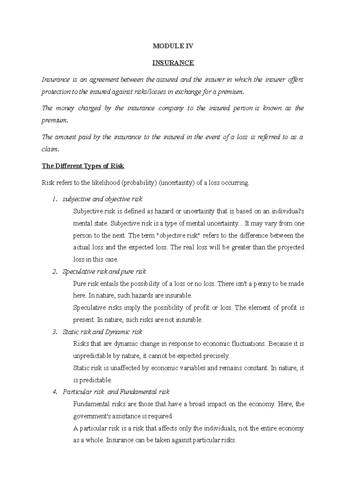 INSURANCE SERVICES- Lecture Notes- Module I - MODULE IV INSURANCE ...