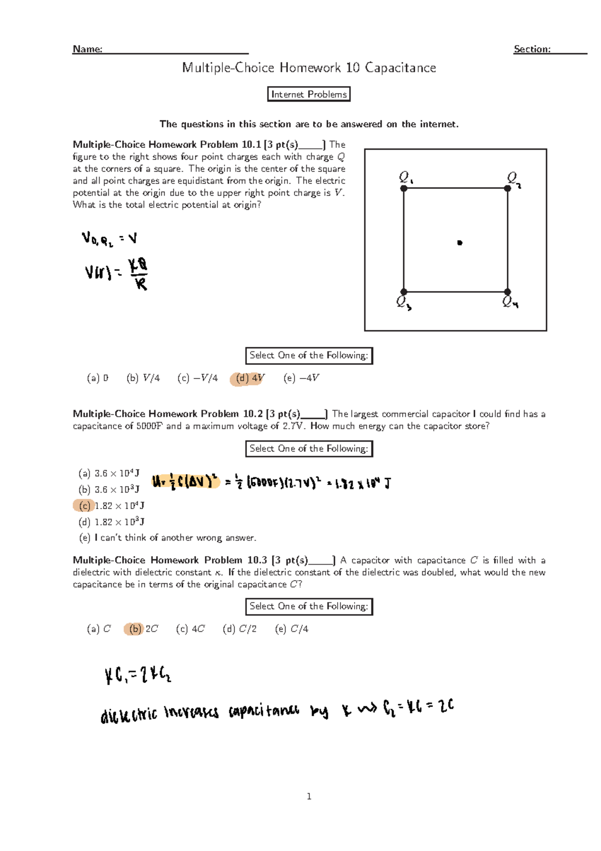 MC HW 10 - Multiple Choice HW - Name: Section: Multiple-Choice Homework ...