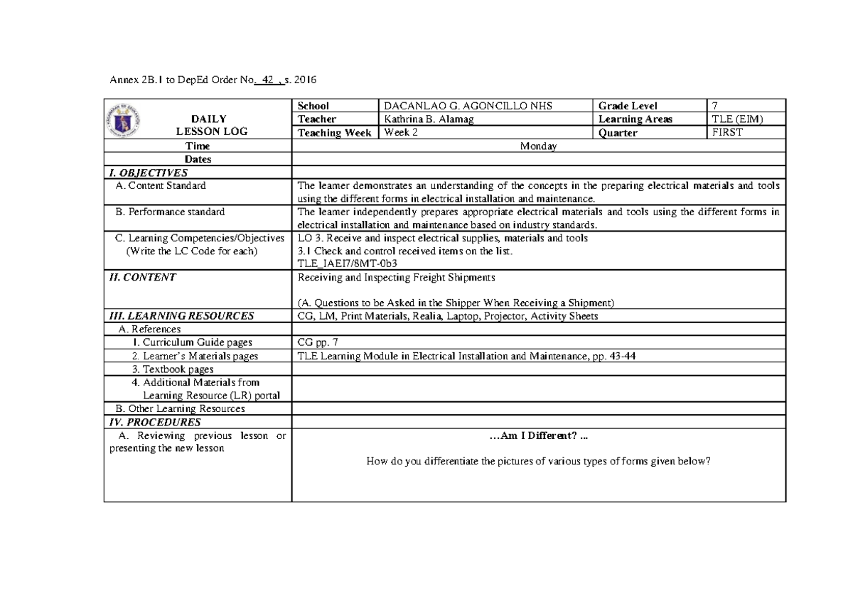 432692616-EIM- Lesson - Annex 2B to DepEd Order No. 42 , s. 2016 DAILY ...