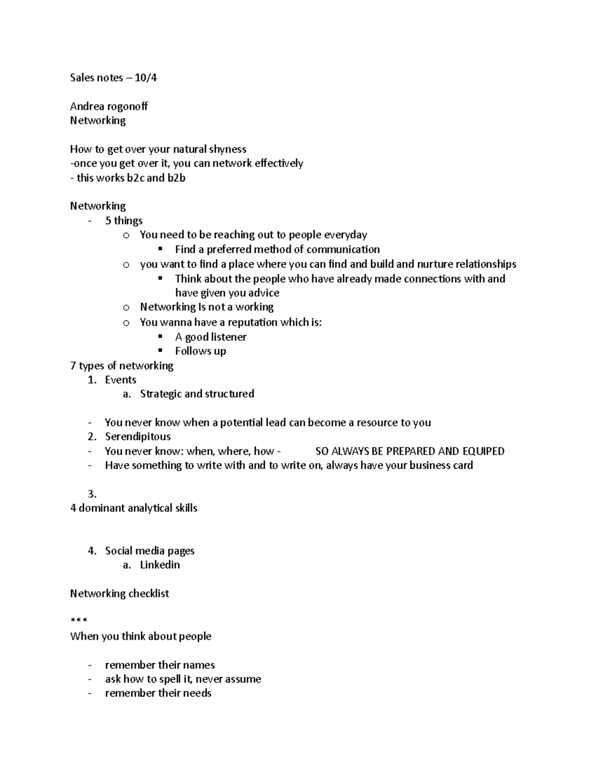 Sales notes - 10/4 - Sales notes Andrea rogonoff Networking How to get ...