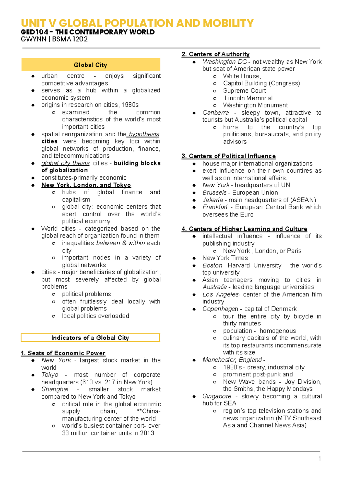 UNIT V Global Population AND Mobility - GED 104 - THE CONTEMPORARY ...