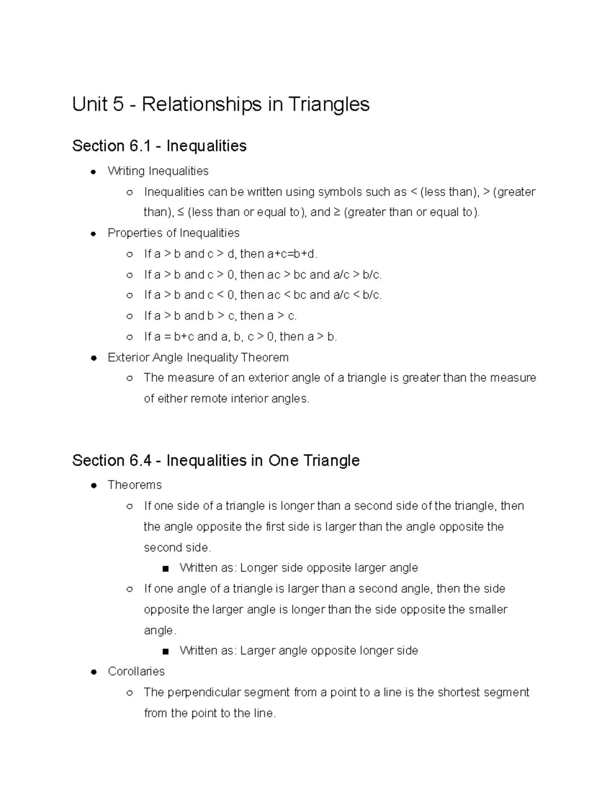 Geometry Unit 5 Notes - Relationships in Triangles - Unit 5 ...