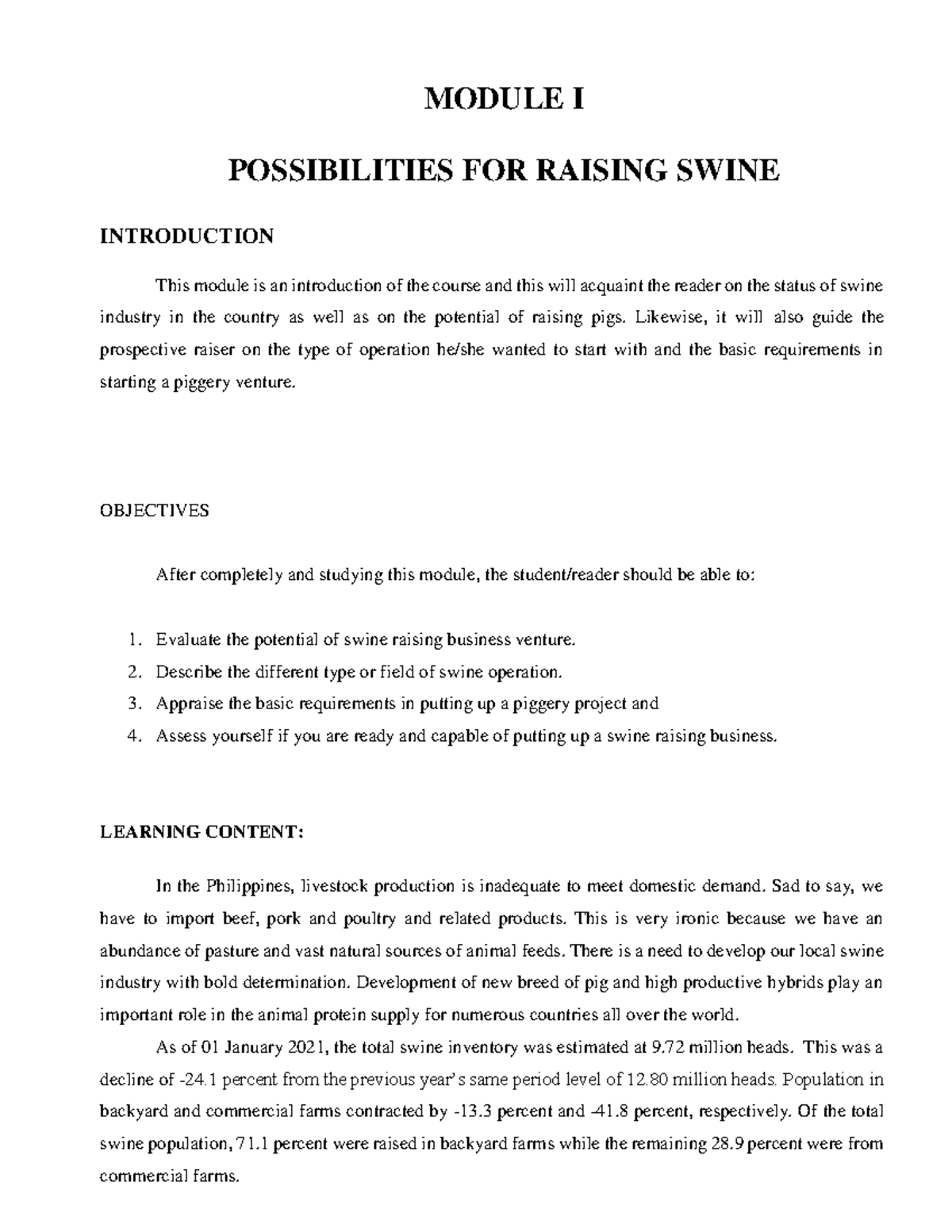 Module 1 Possibilities FOR Raising Swine 1 - MODULE I POSSIBILITIES FOR ...