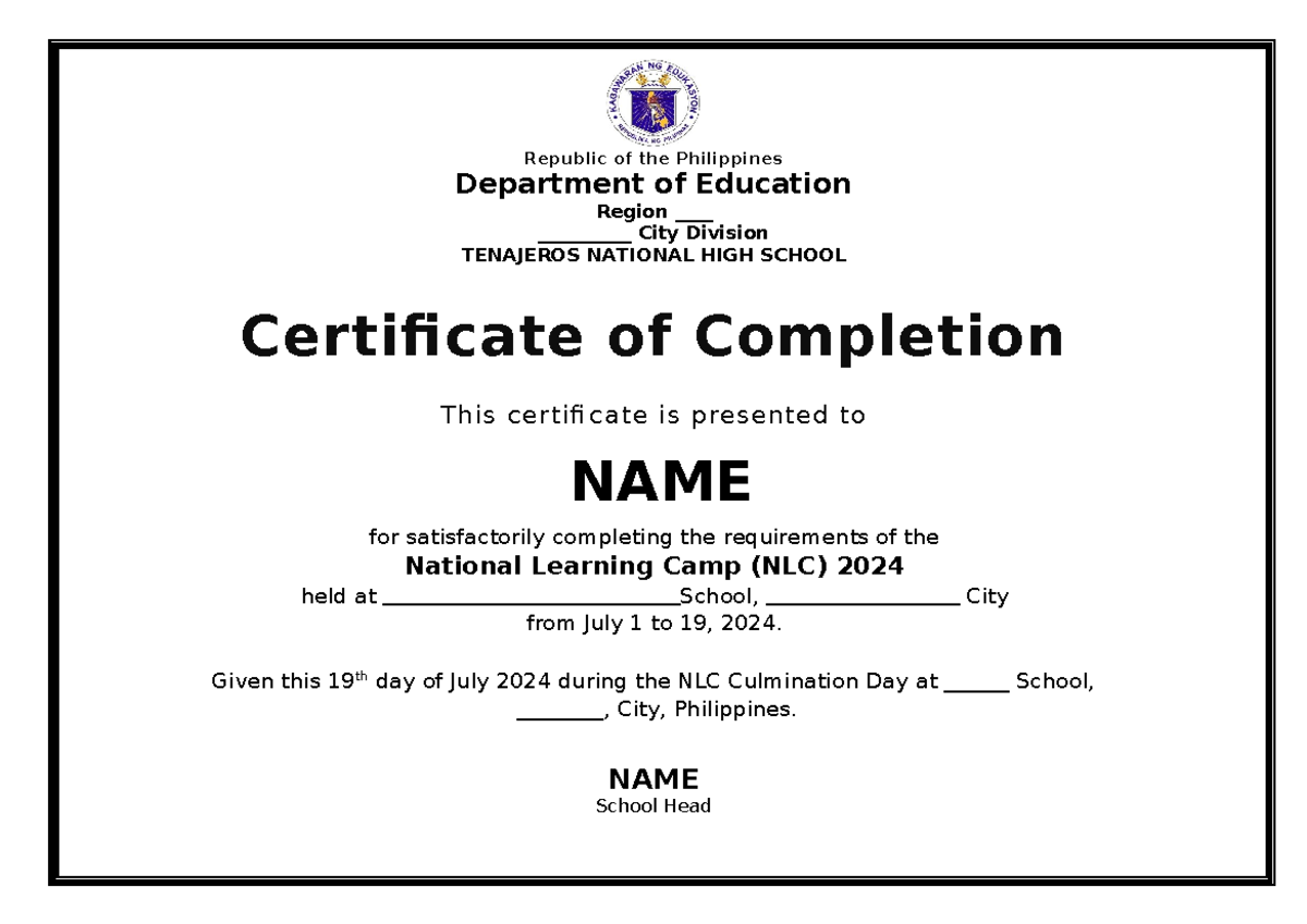 V2-NLC-Certificate-of-Completion Learner - NAME Republic of the Philippines Department of ...