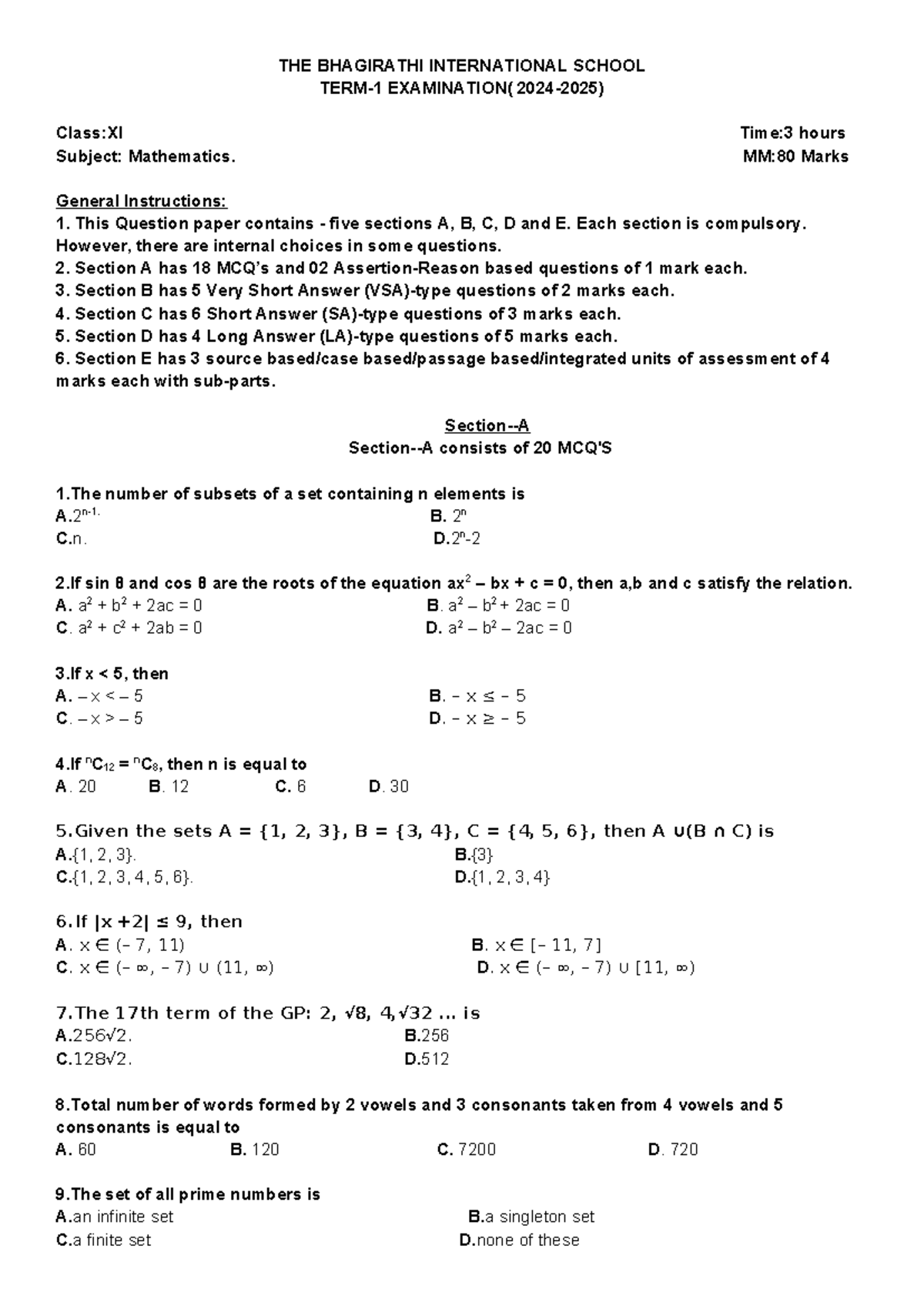 Class 11 Mathematics - Paper Prepations - THE BHAGIRATHI INTERNATIONAL ...