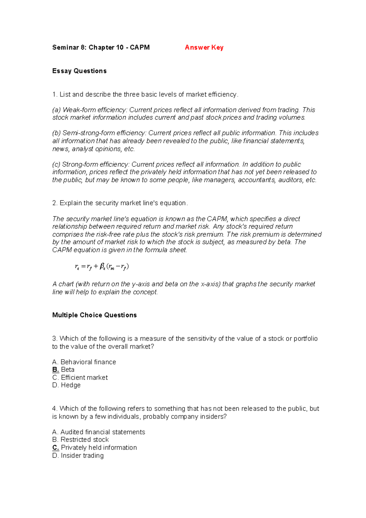 Seminar 7 Ch. 10 CAPM - Questions & Answers - Seminar 8: Chapter 10 - CAPM Answer Key Essay ...