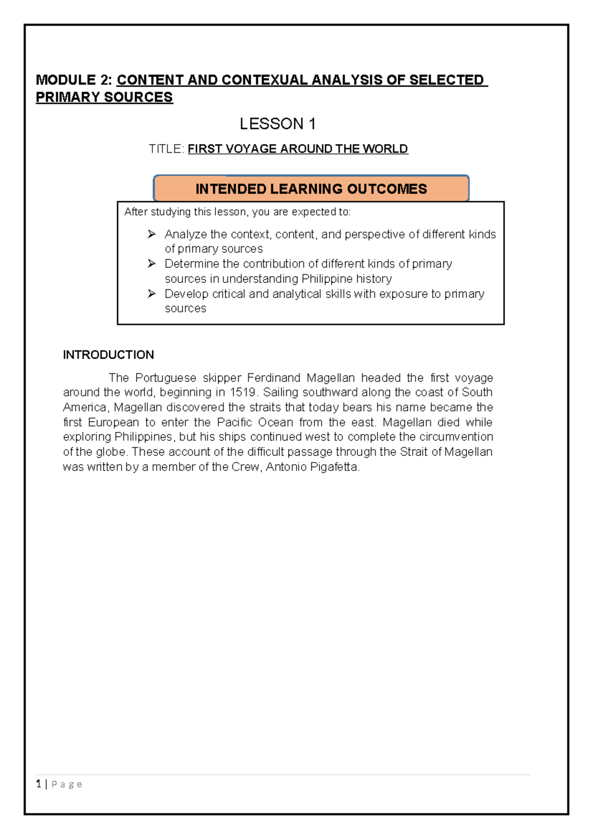 M2 - Lesson 1 First Voyage Around THE World - MODULE 2: CONTENT AND CONTEXUAL ANALYSIS OF ...