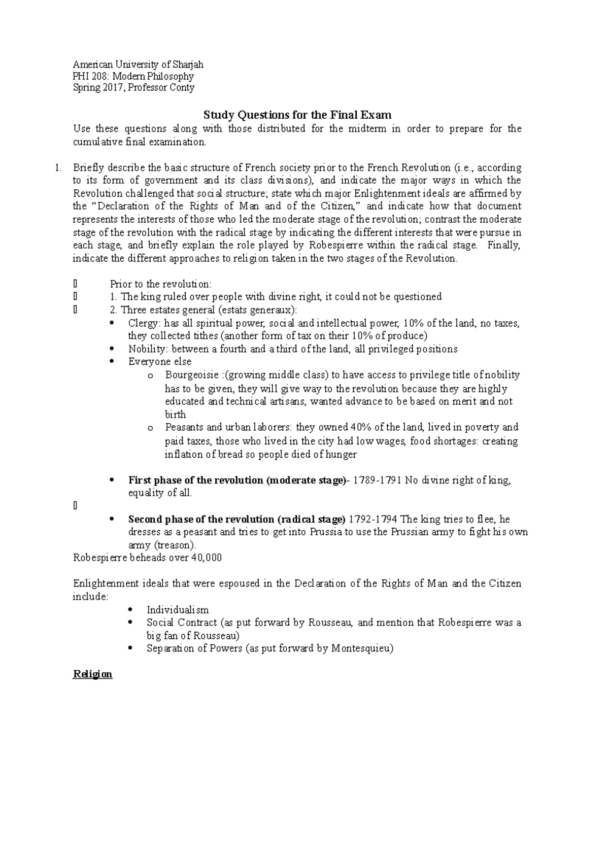 Final Exam Study Questions With Attempted Answers - American University ...