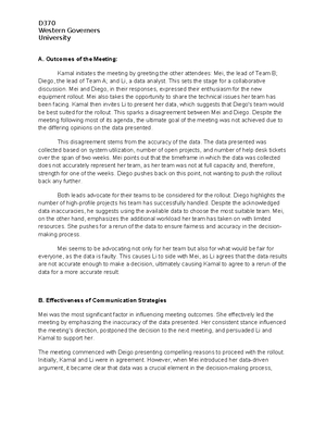 D370 - Task 2 - Task 2 - Part A: Meeting Outcome Based on the meeting ...