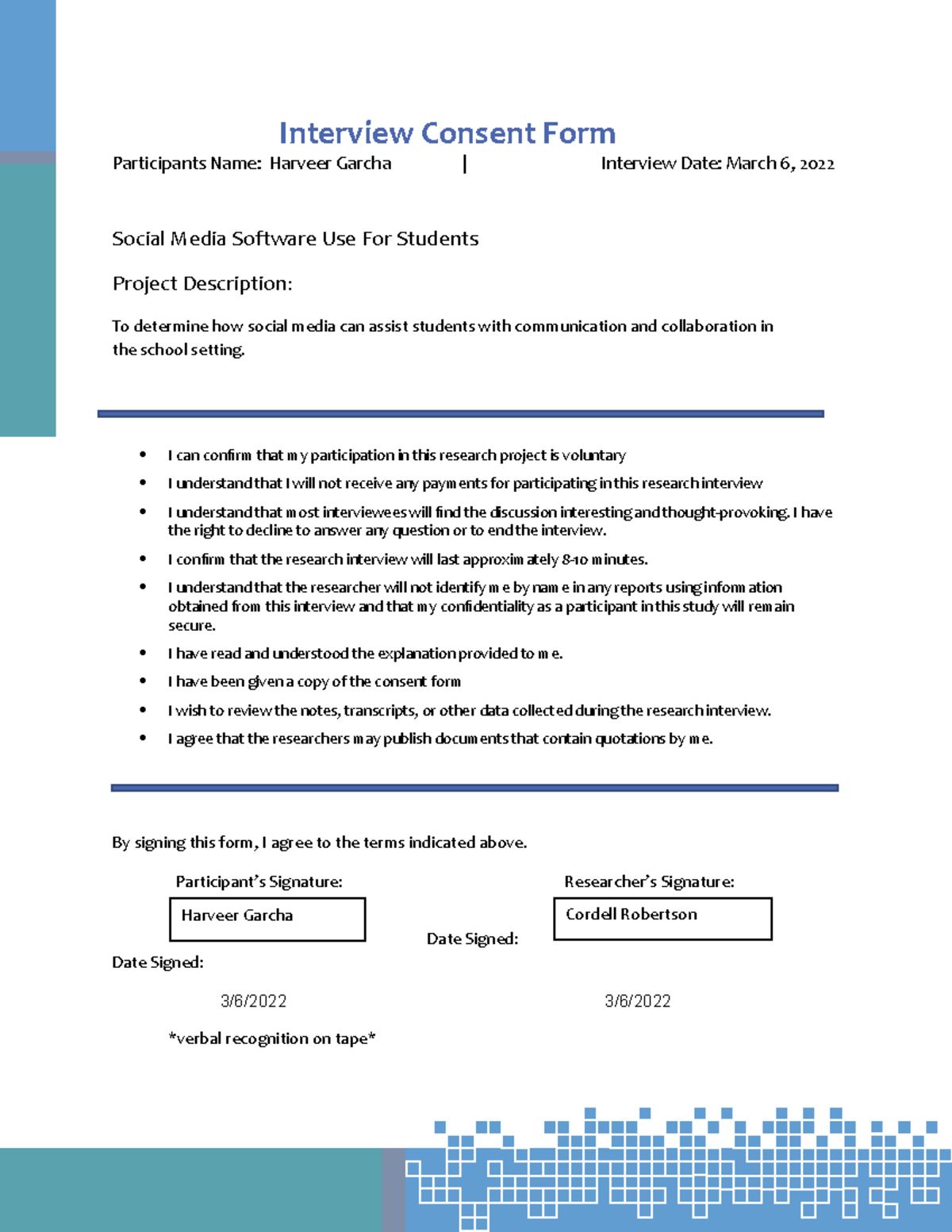 Interview Consent Form - Interview Consent Form Participants Name ...