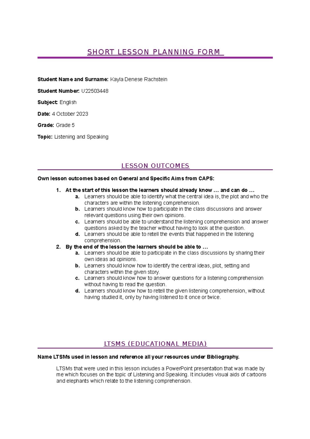 JME Listening and Speaking Lesson Plan - SHORT LESSON PLANNING FORM ...