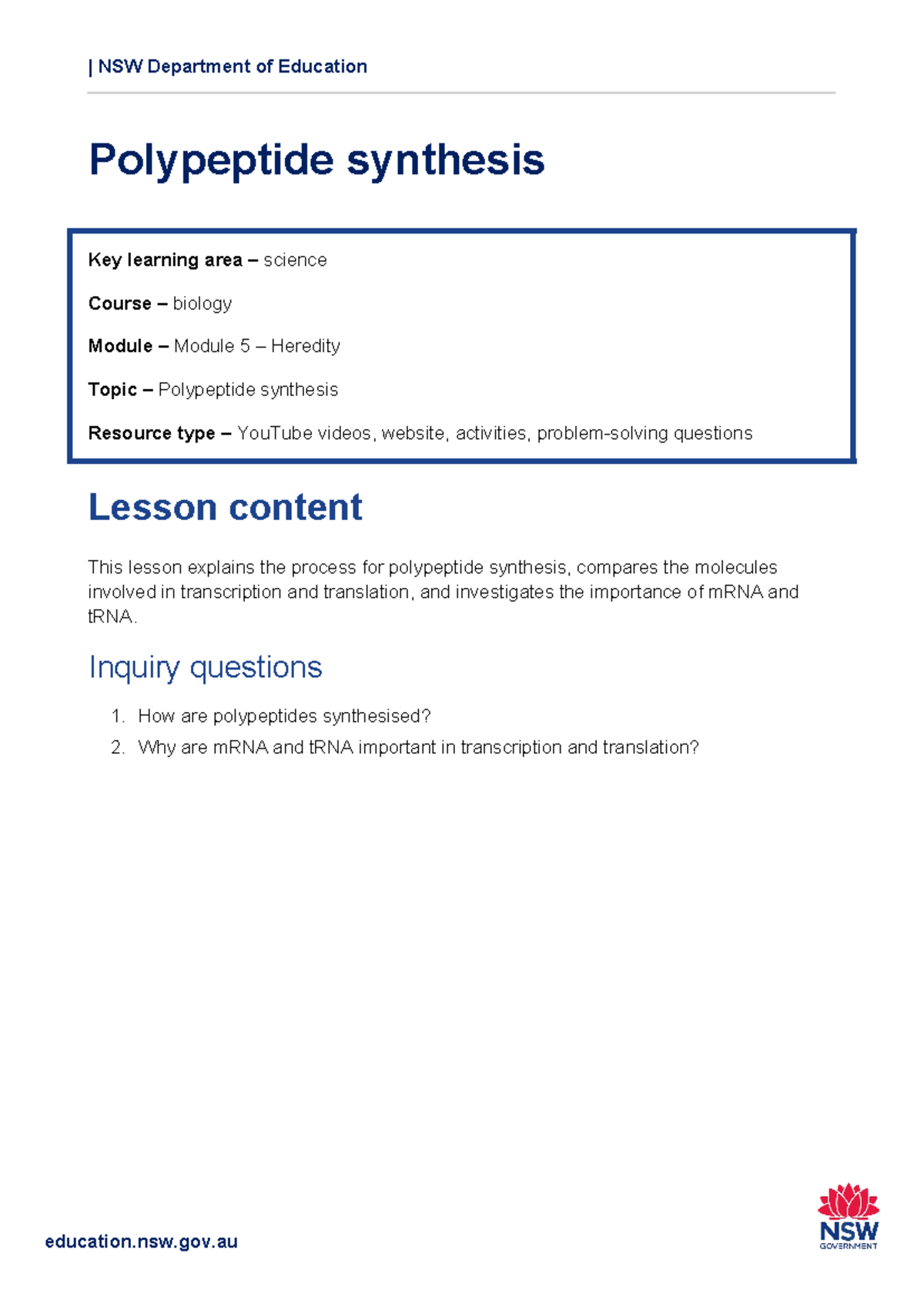 Biology module 5 polypeptide synthesis s6 - | NSW Department of ...
