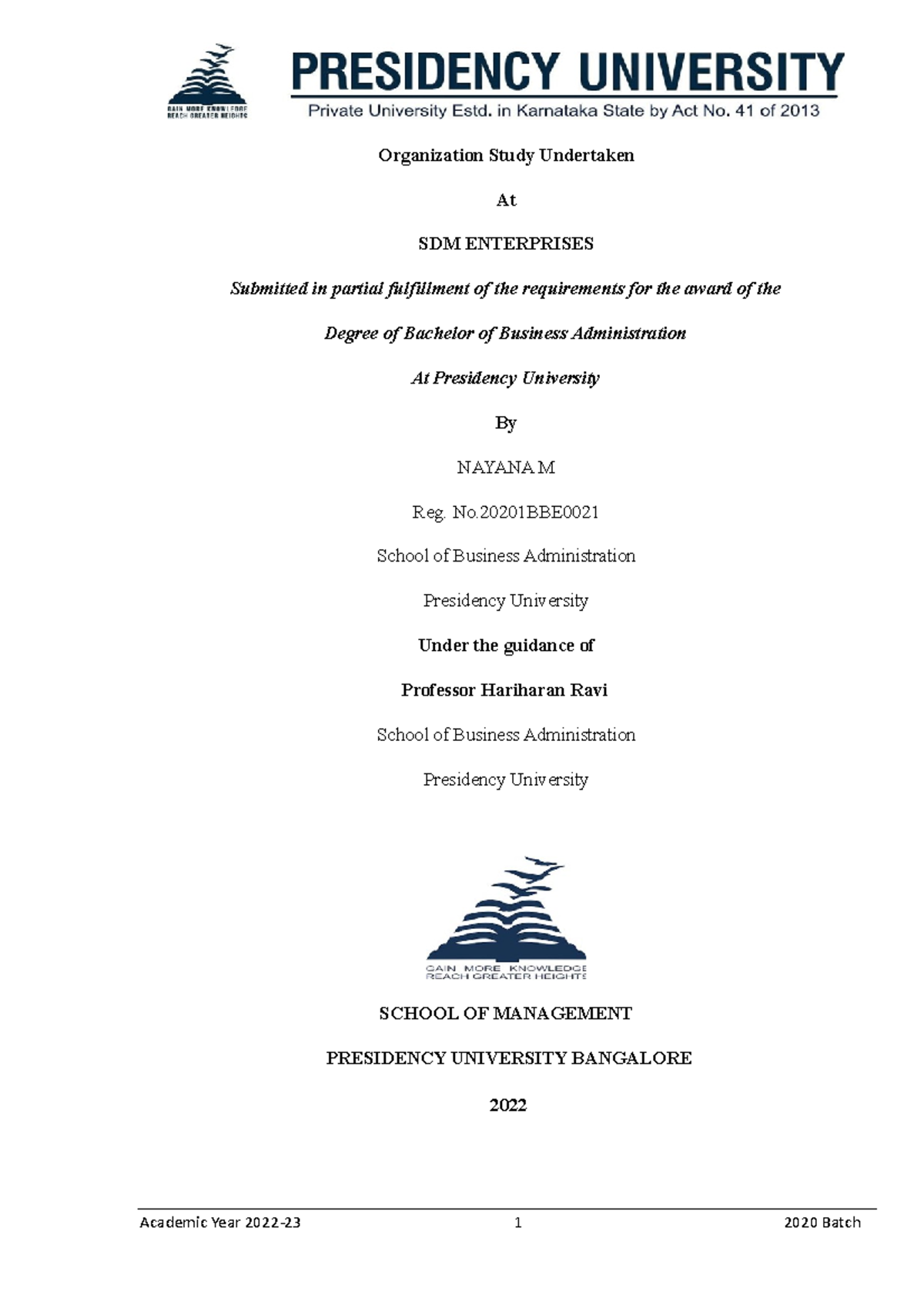 Report internship - Organization Study Undertaken At SDM ENTERPRISES ...