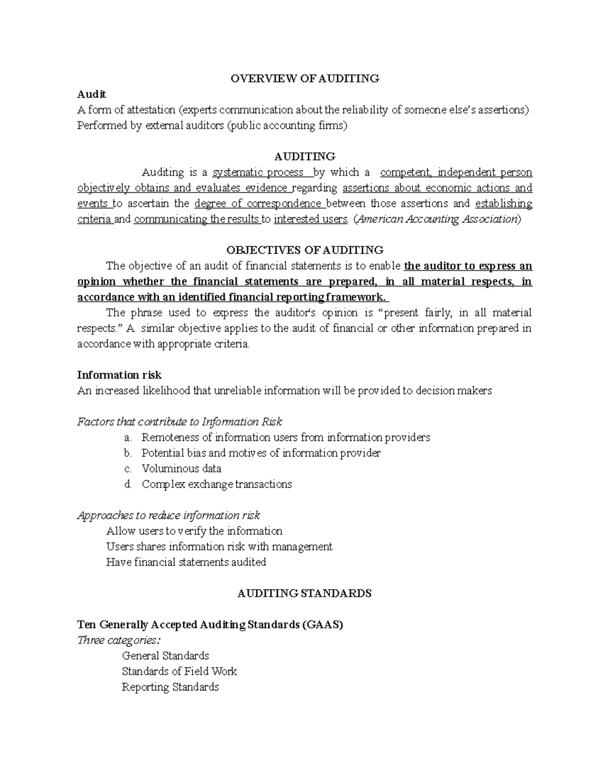 Overview-OF- Auditing - OVERVIEW OF AUDITING Audit A form of ...