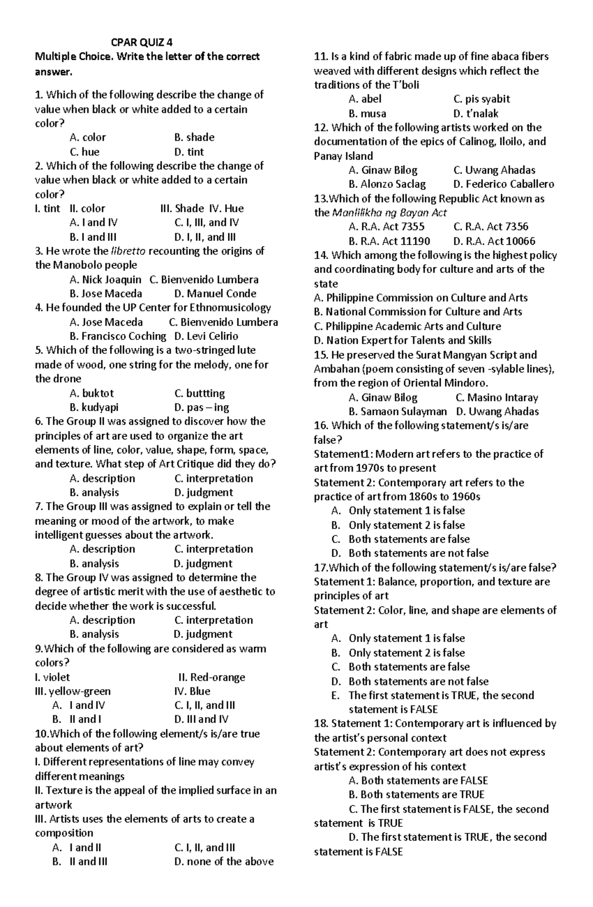 CPAR-Q4 - nanakjahaba - CPAR QUIZ 4 Multiple Choice. Write the letter of the correct answer ...