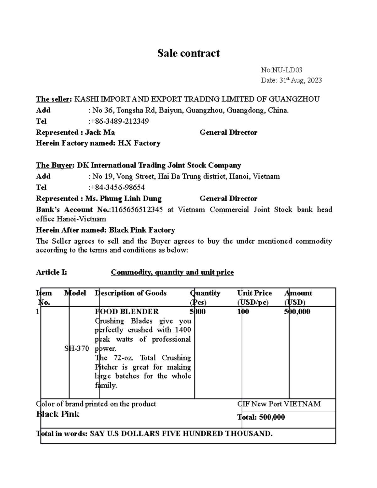 Hop dong - jnclsncl - Sale contract The seller: KASHI IMPORT AND EXPORT ...