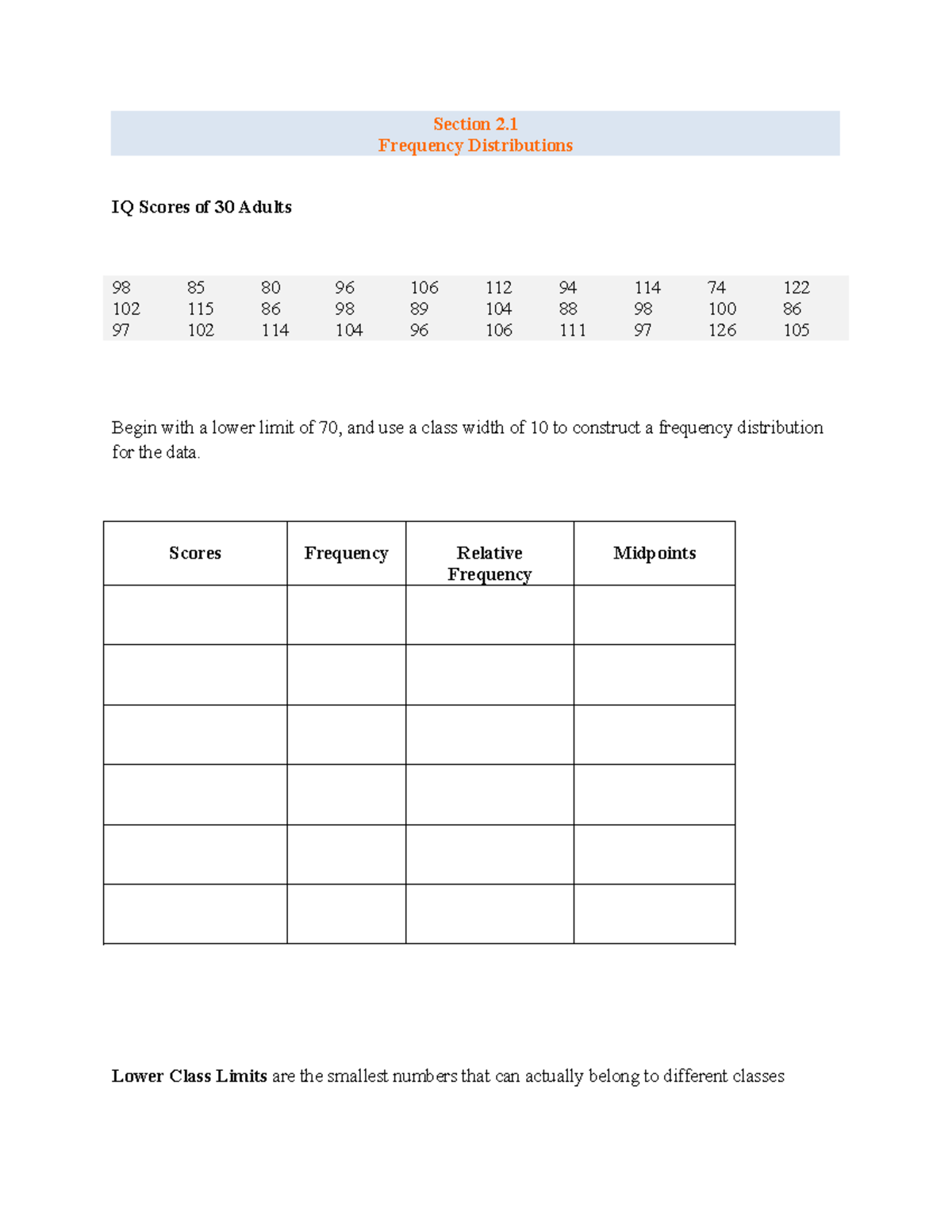 2023 Sec2 - N/A - Section 2. Frequency Distributions IQ Scores of 30 ...