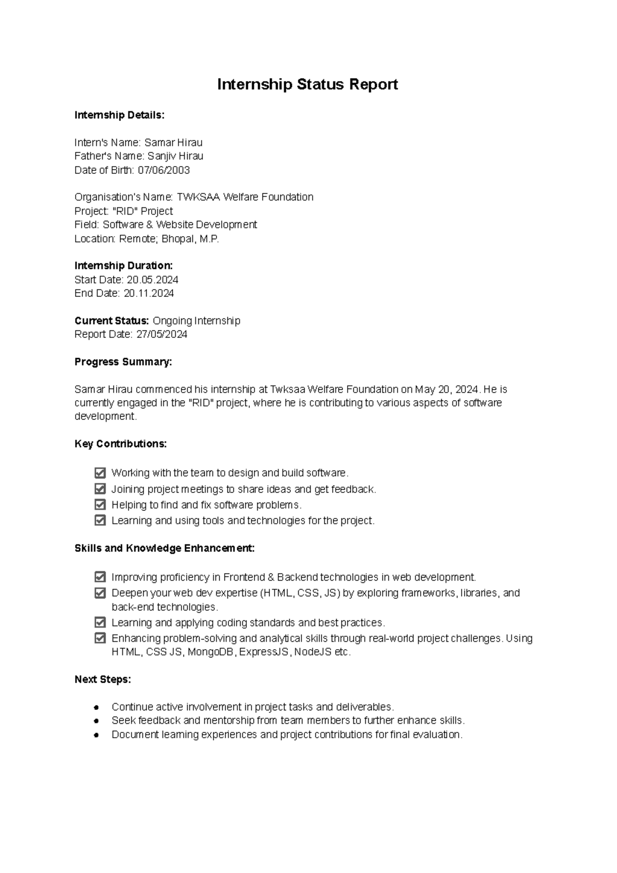Samar Hirau Report - Google Docs - Internship Status Report Internship ...