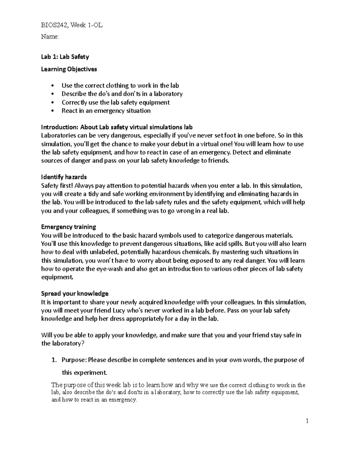 Week 1 lab - week one lab safety - BIOS242, Week 1-OL Name: Lab 1: Lab ...