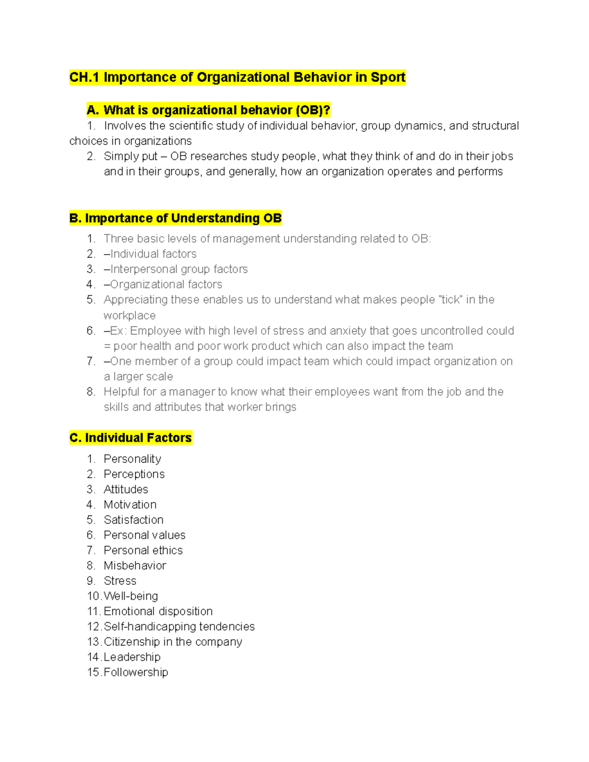 Org Behavior Ch.1 notes - CH Importance of Organizational Behavior in ...