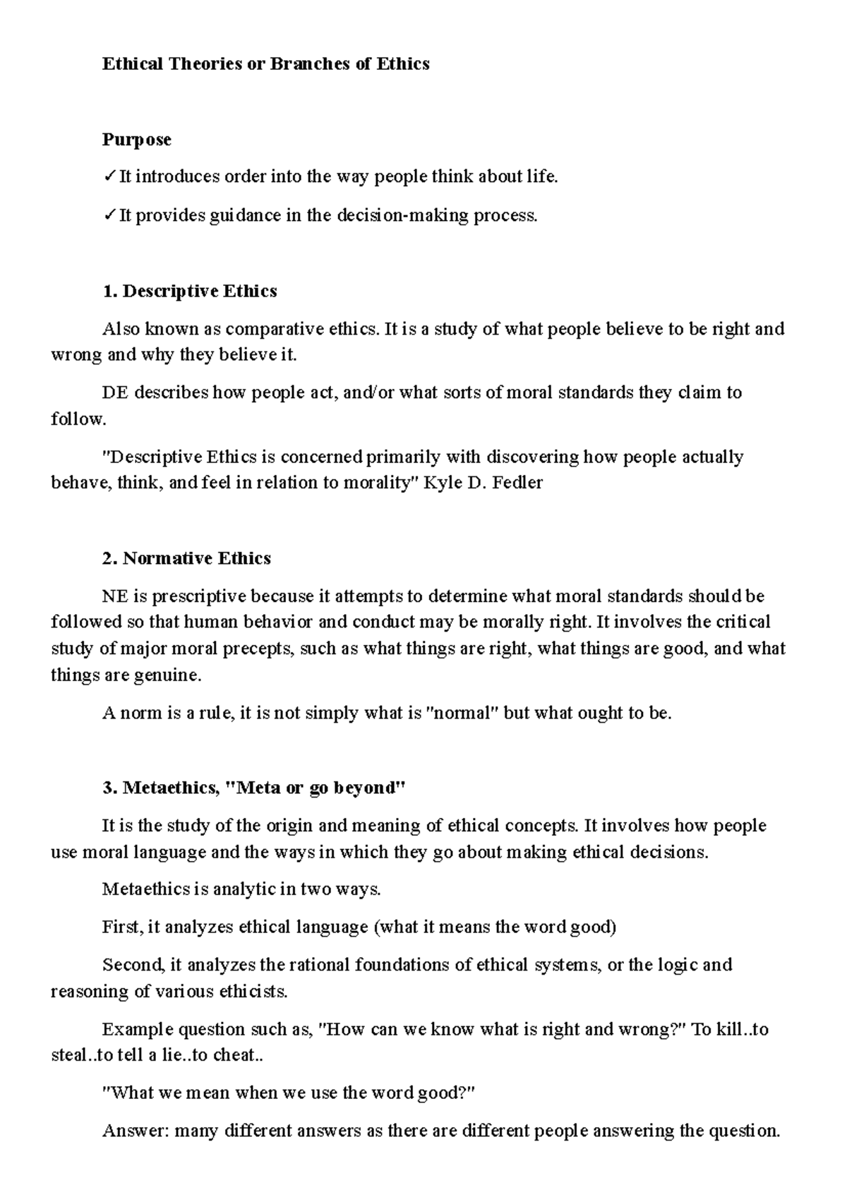 Ethics- Reviewer - Ethical Theories or Branches of Ethics Purpose It ...