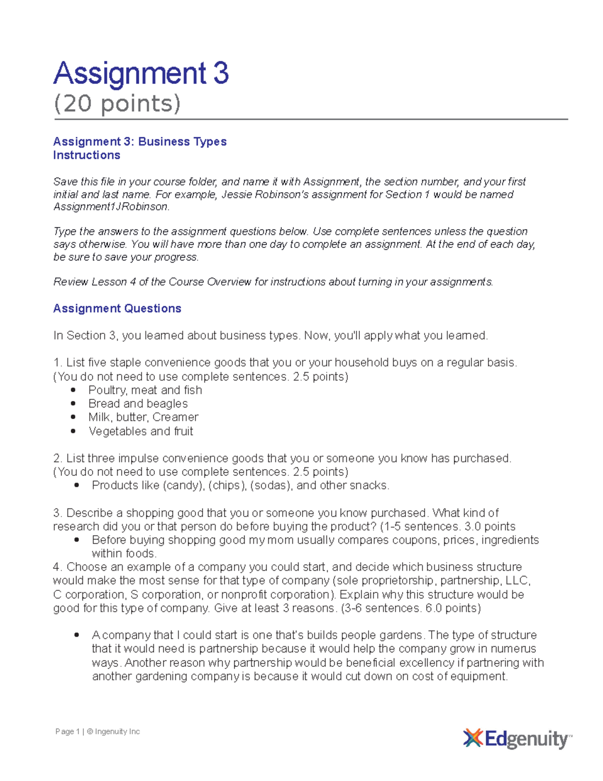 Business types - Assignment 3 (20 points) Assignment 3: Business Types ...