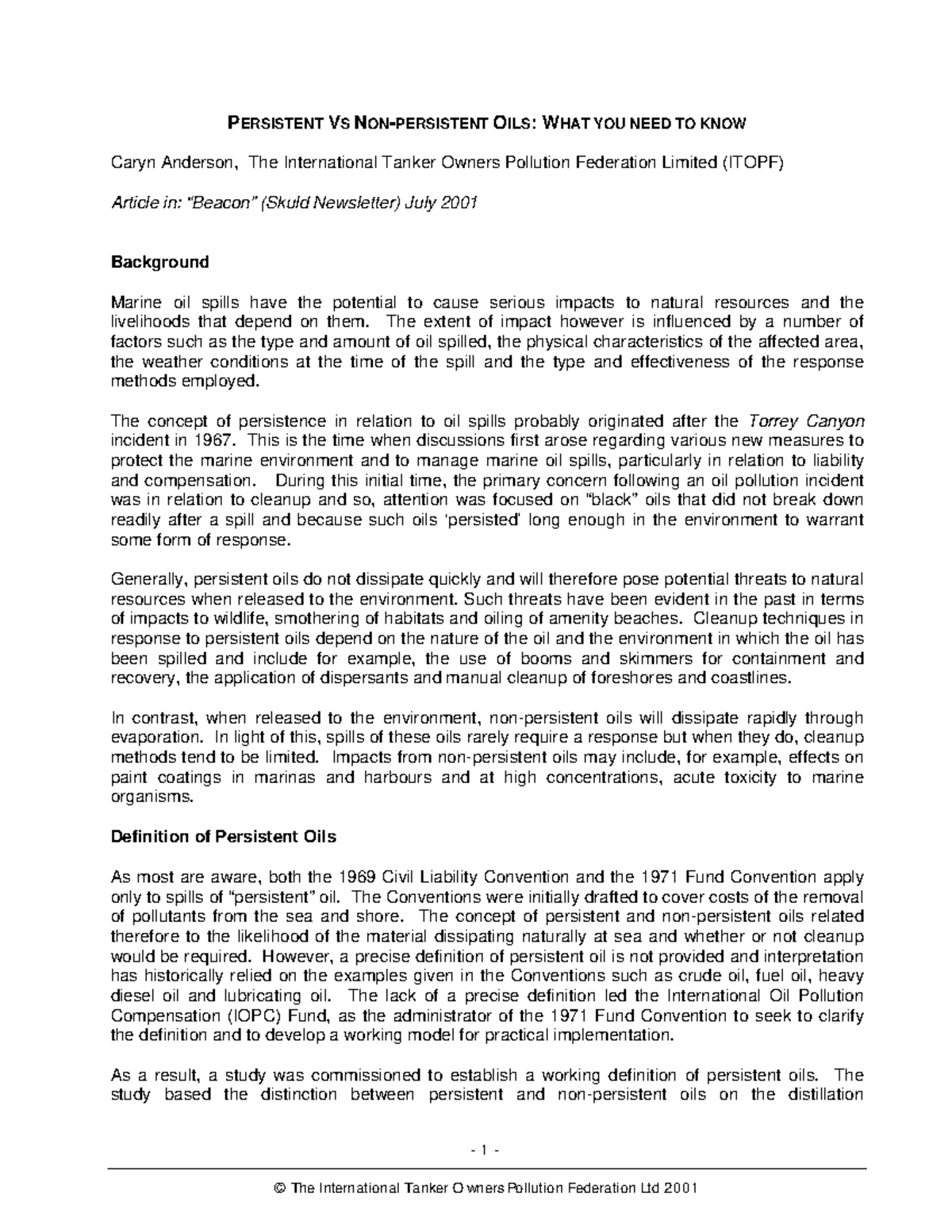 Persistent vs Non-Persistent Oils - © The International Tanker Owners ...