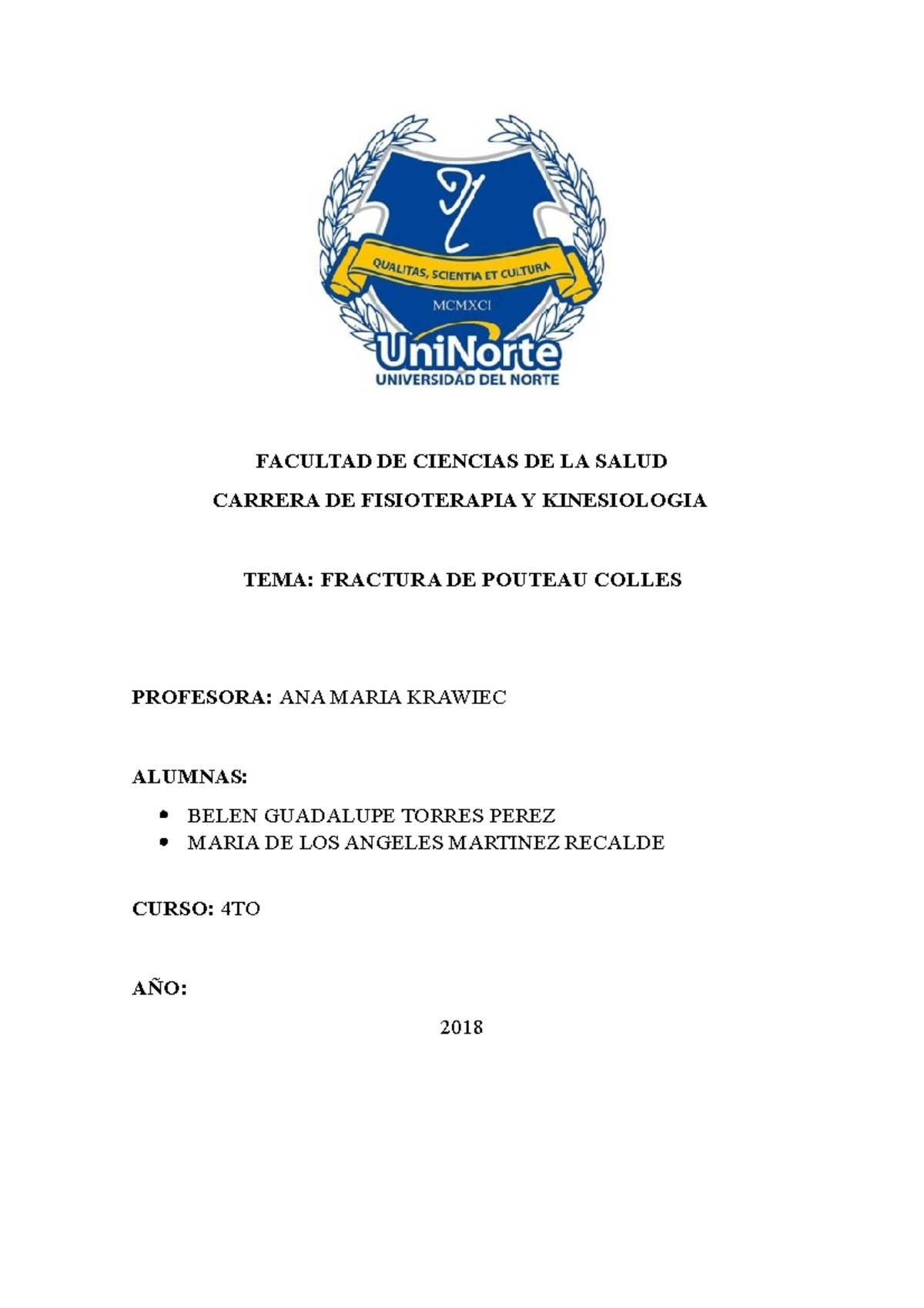 Pouteau Colles - Resumen Traumatologia - FACULTAD DE CIENCIAS DE LA ...