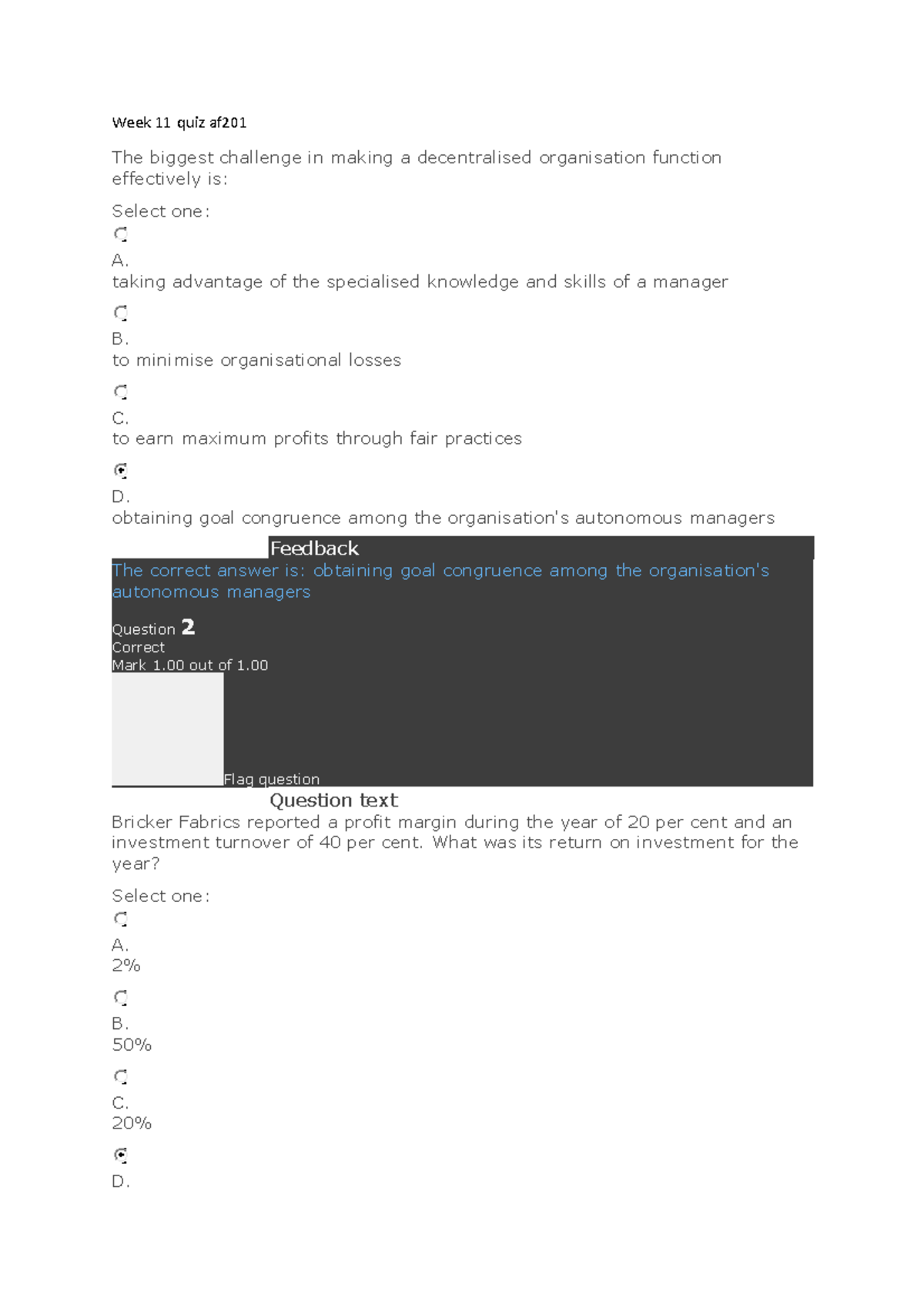 Week 11 quiz af201, semester 2 - Managerial Accounting - USP - Studocu