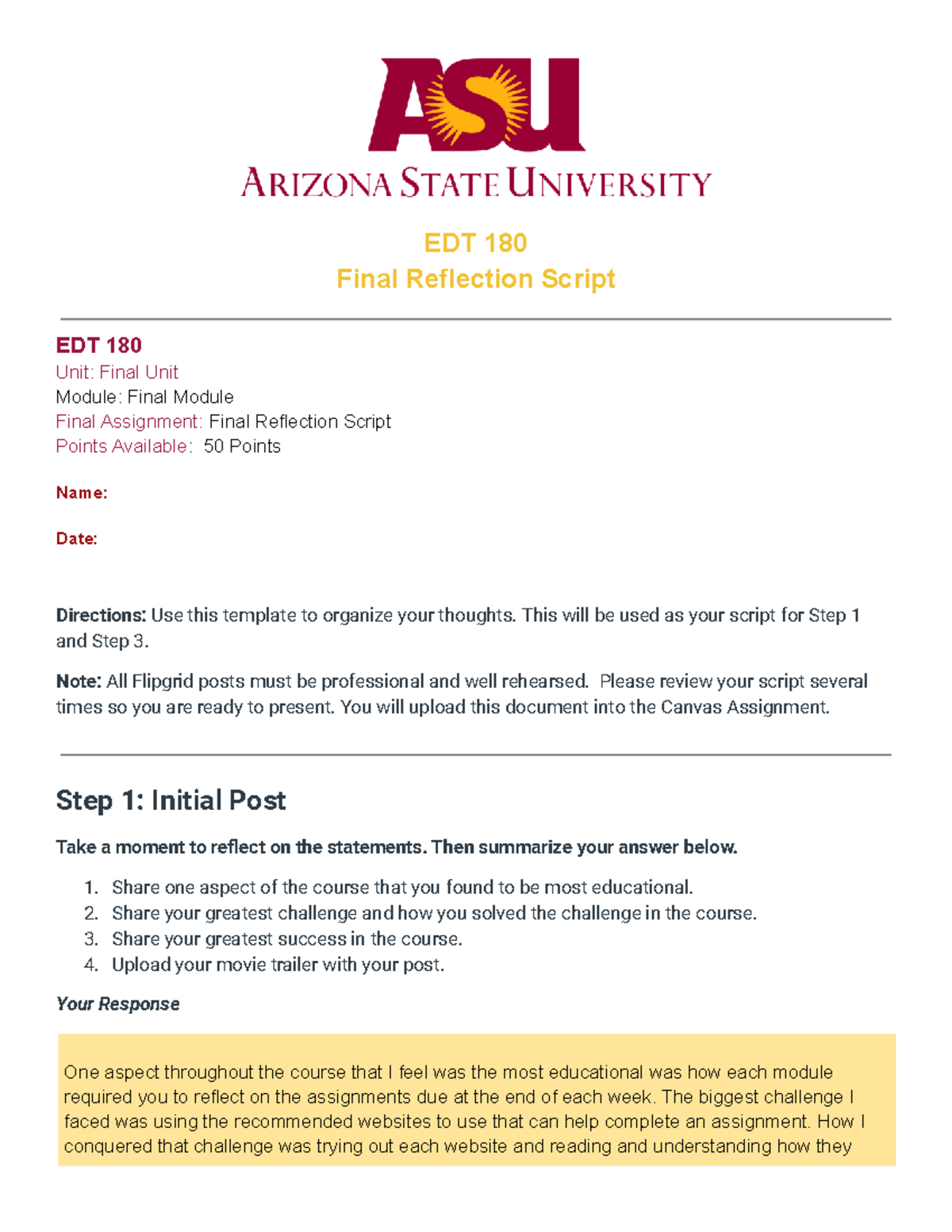 Final Reflection Script Template - EDT 180 Final Reflection Script EDT ...