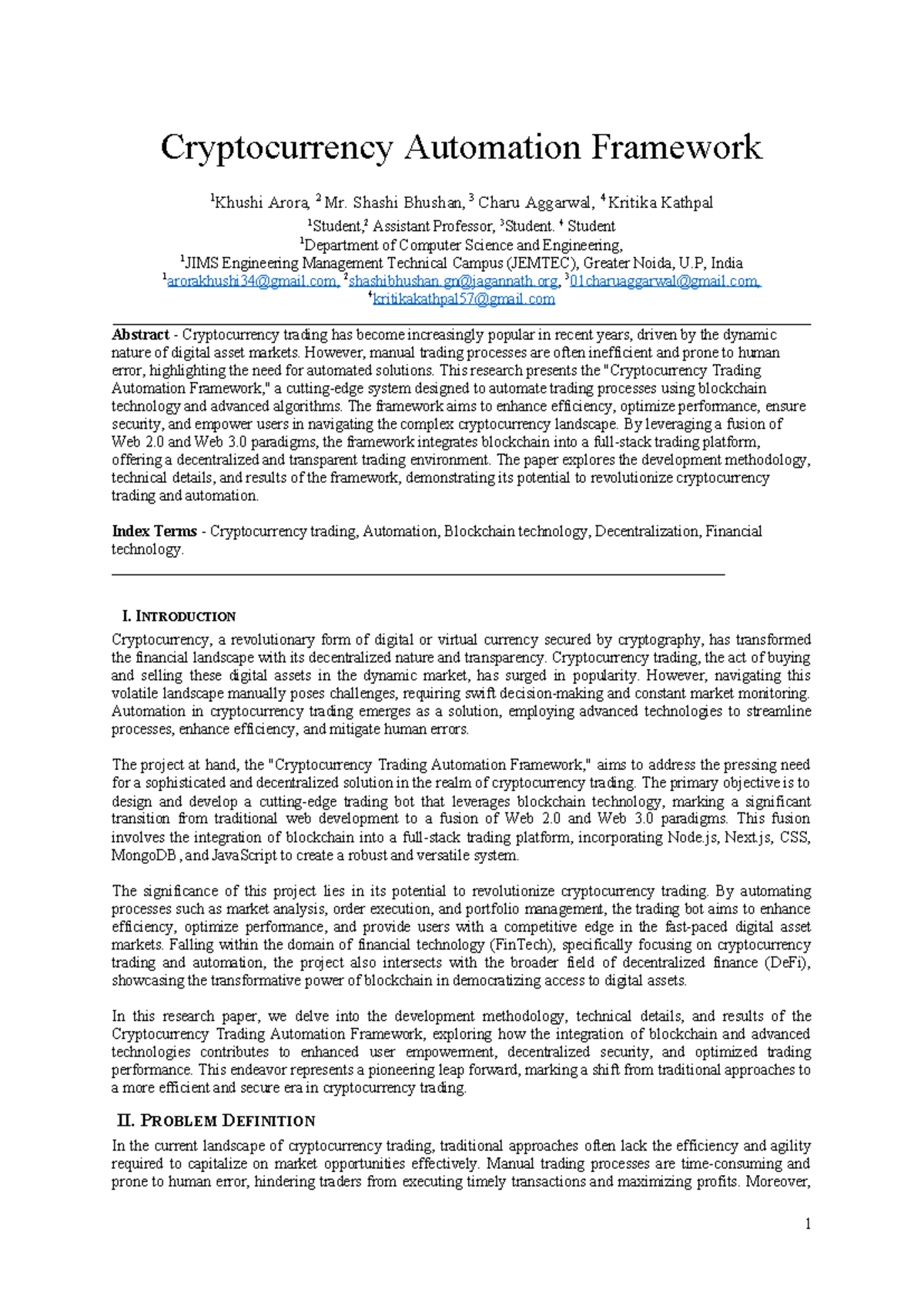 Research Paper Btech Final Year - Cryptocurrency Automation Framework 1 Khushi Arora, 2 Mr ...