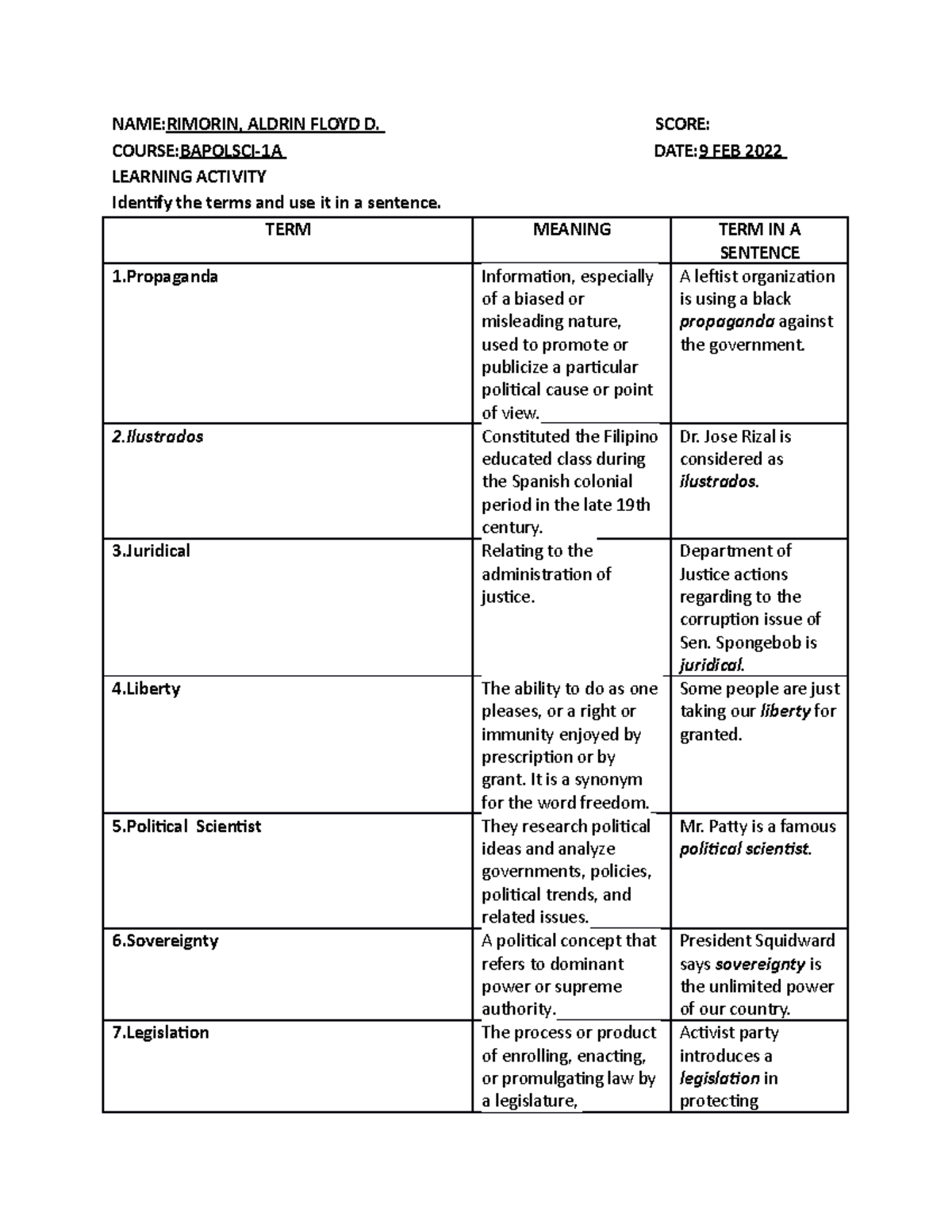 Definition of Political Terms - NAME:RIMORIN, ALDRIN FLOYD D. SCORE ...