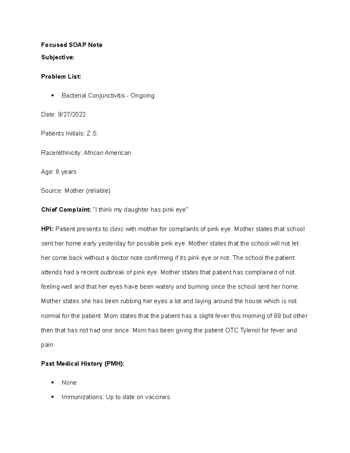 Focused SOAP Note #5 - soap - Focused SOAP Note Subjective: Problem ...